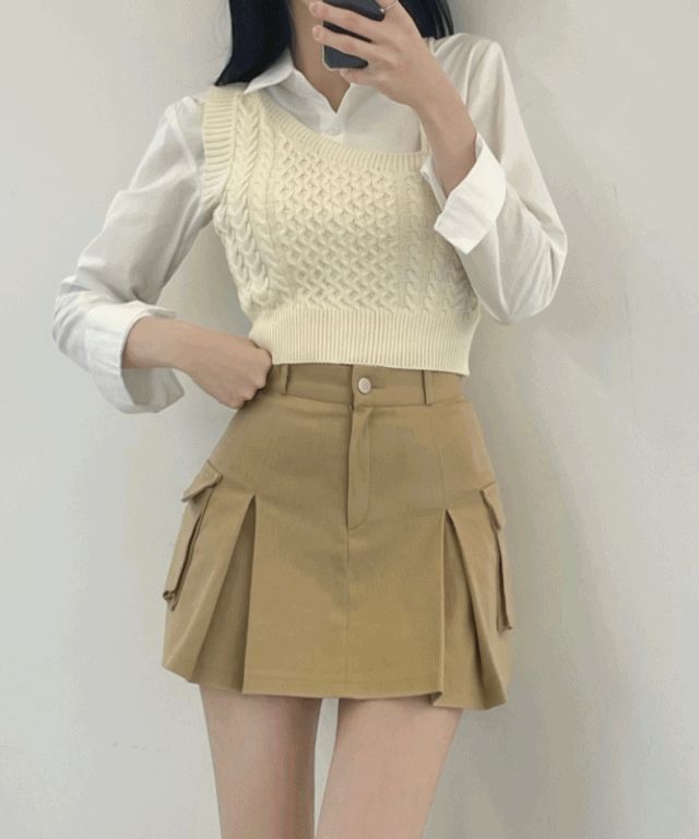자스민벨 [강추] 언발 레이어드 꽈배기 니트 크롭 조끼 뷔스티에 위시버킷