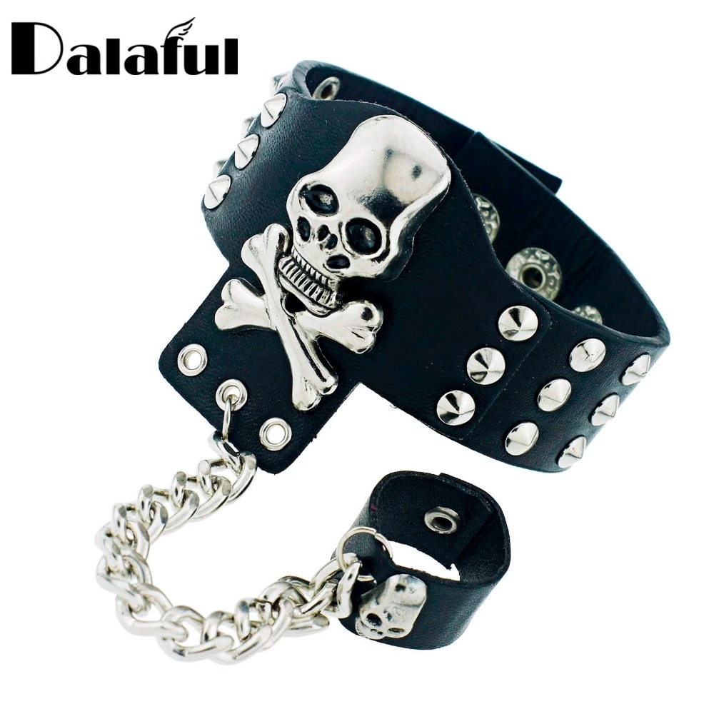 DALAFUL Gothic Skeleton Skull Chain Link Rock Rivet Cuff Black Leather ...