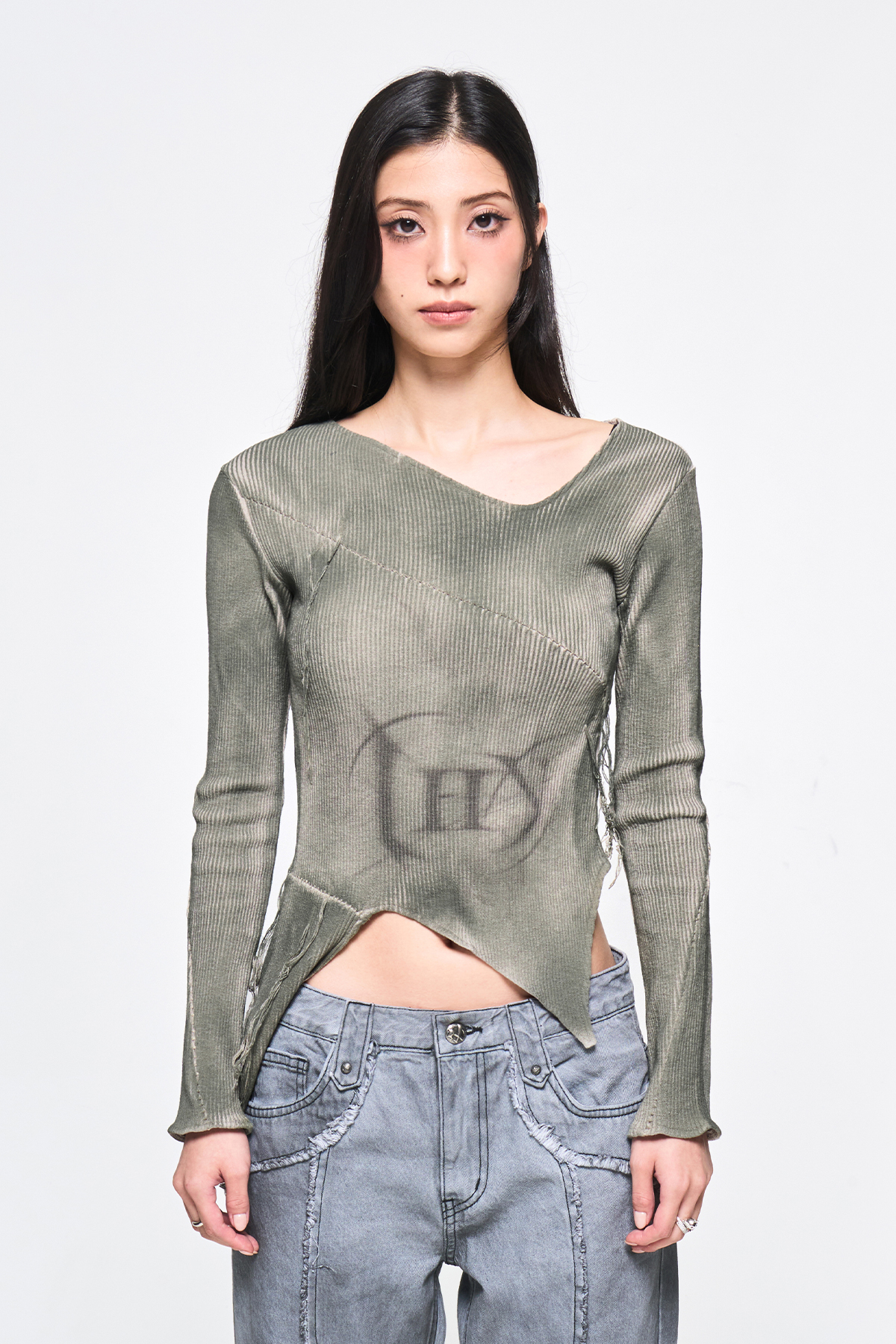 엘이이와이 UNBALANCE STITCH TOP KHAKI - 위시버킷