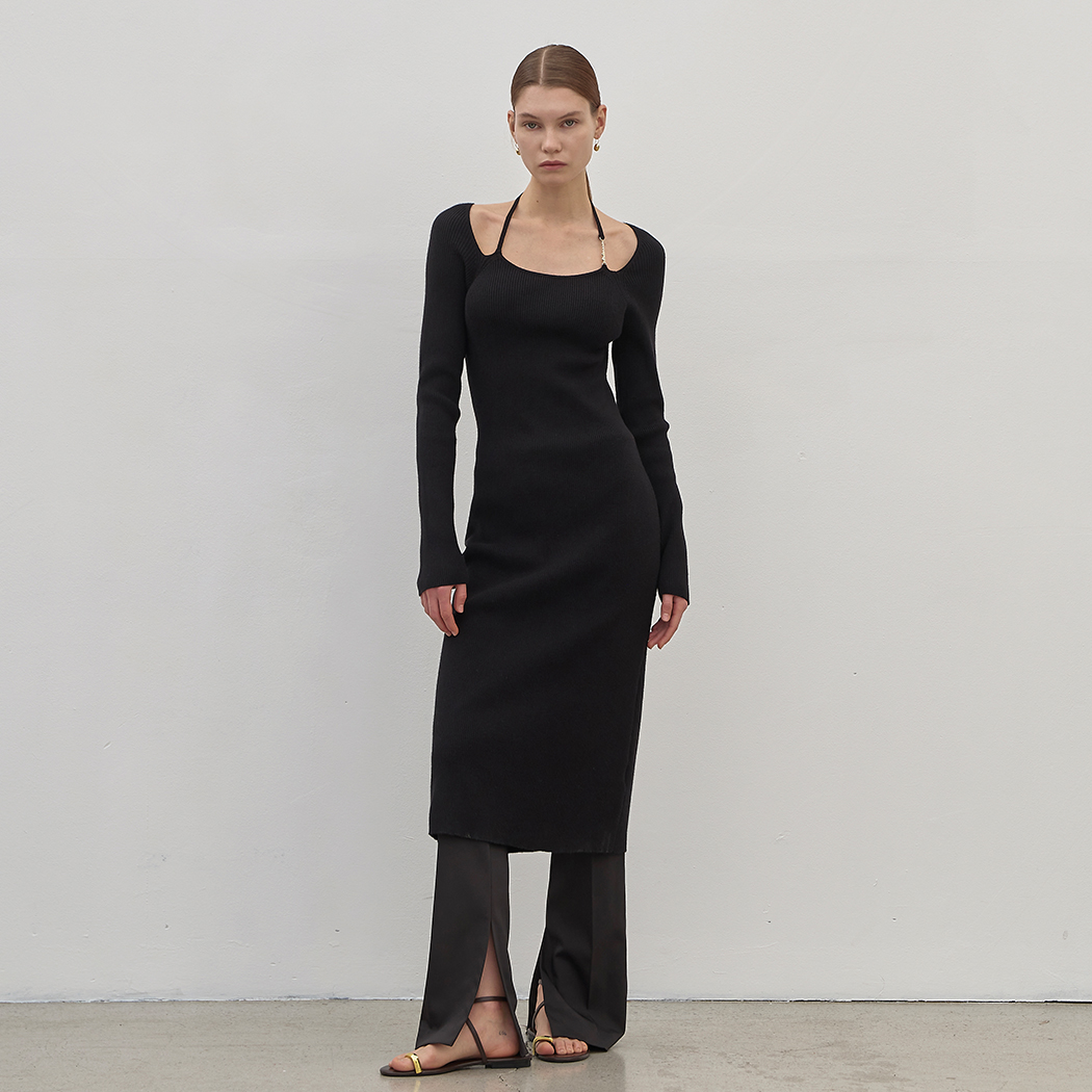 아틀리에 나인 (OP-6144)HALTER NECK SOLID KNIT DRESS - 위시버킷