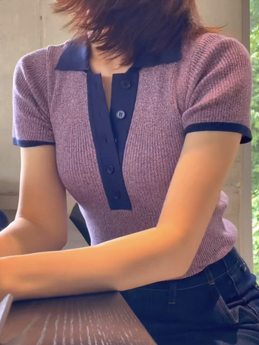 에브모우 COLOR BLOCK SHORT SLEEVED POLO KNIT (4COLOR) - 위시버킷