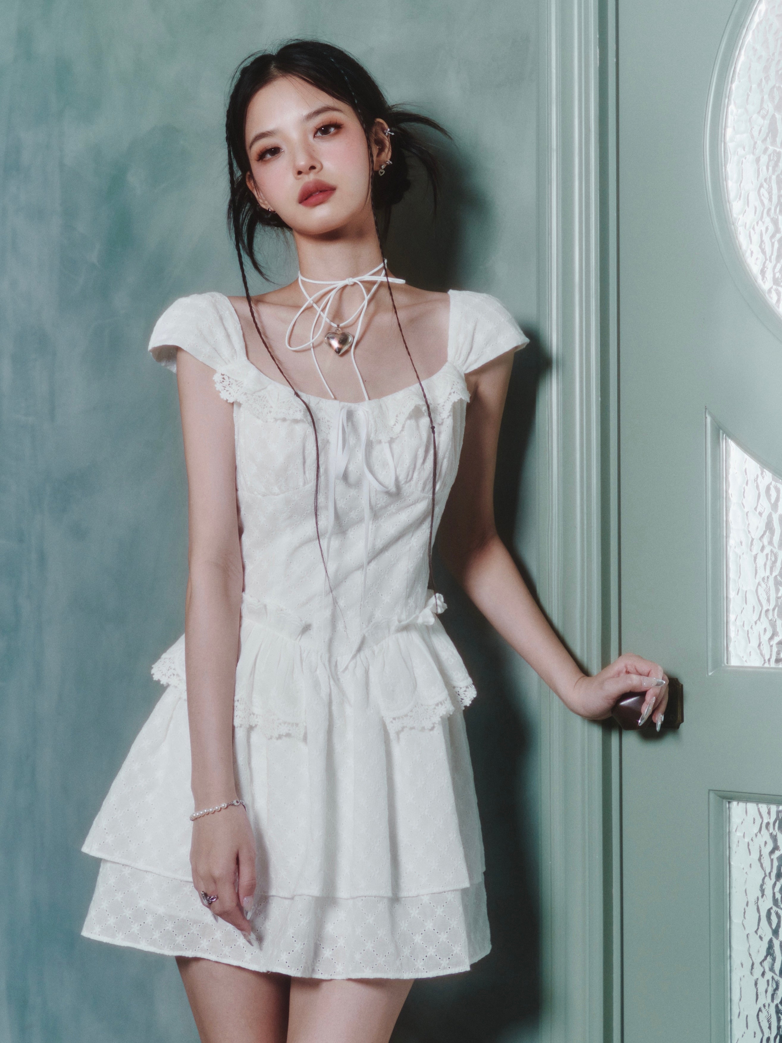 SOS SEAMSTRESS Floral Embroidered Square Neck Lace Dress - S / white ...