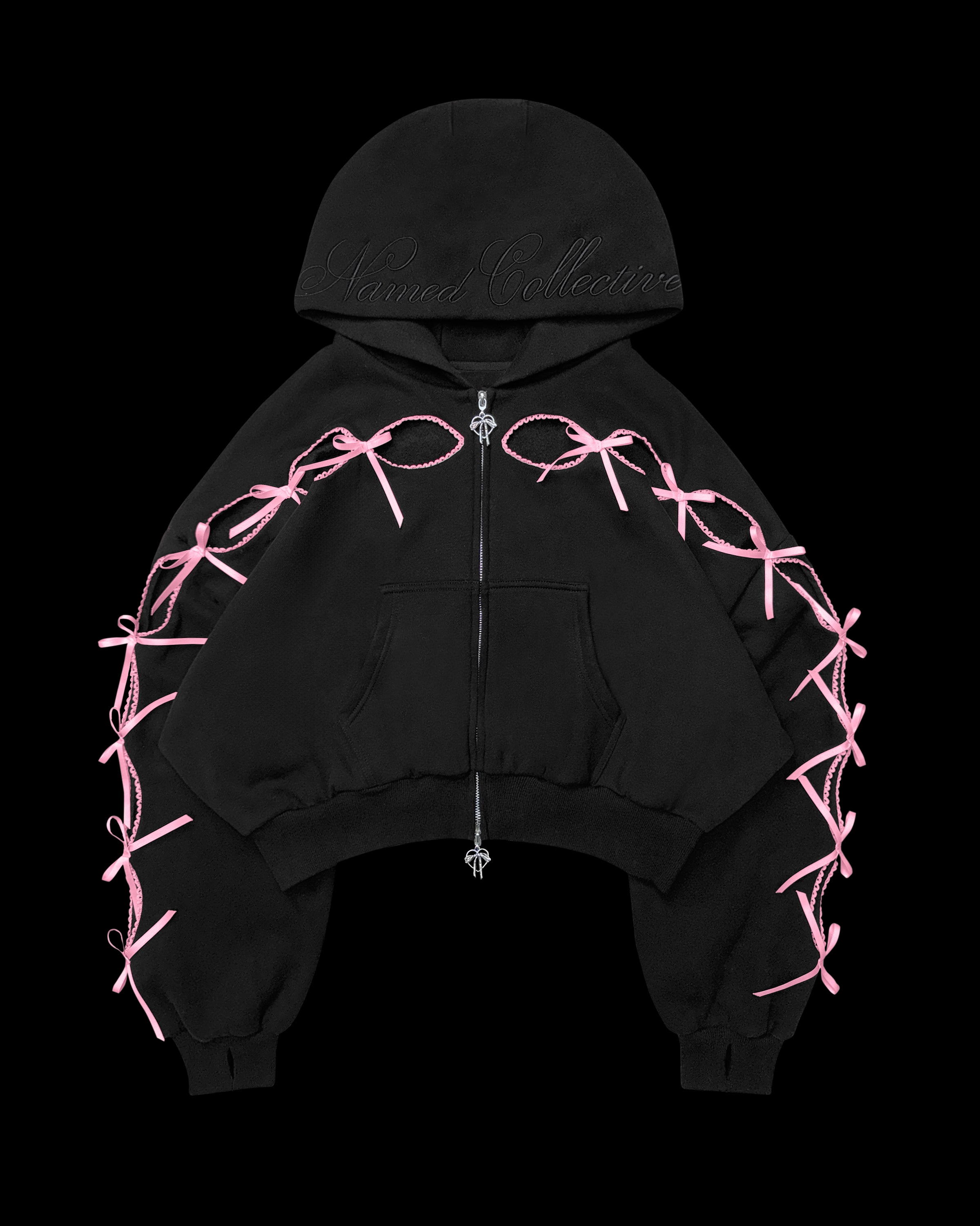 네임드 콜렉티브 PRINC355 RIBBON CROP ZIP HOODIE BLACK - XS - 위시버킷