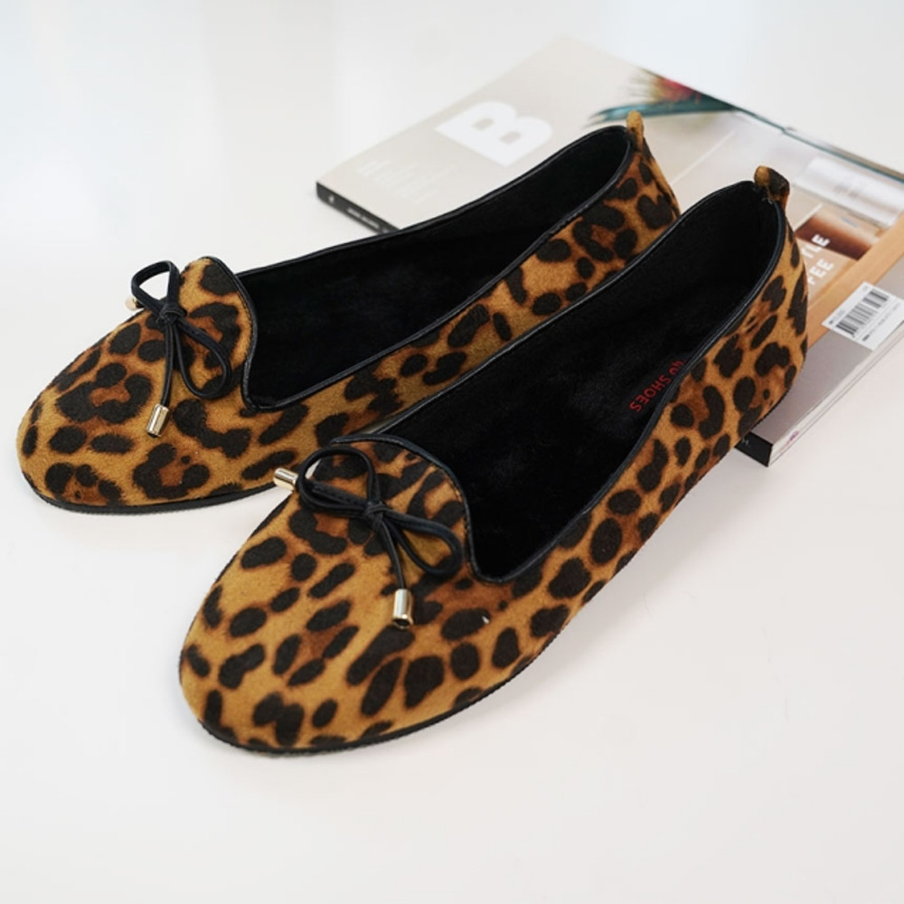 177살롱 (255-265mm) 빅사이즈 여성구두 호피 레오파드 리본 플랫 단화 255 260 265 - 위시버킷