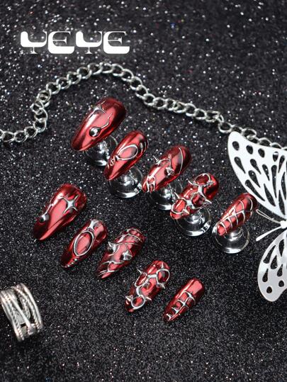 쉬인 Upgrade Your Look With 10pcs Almond Shape Handcraft Metal Red And ...