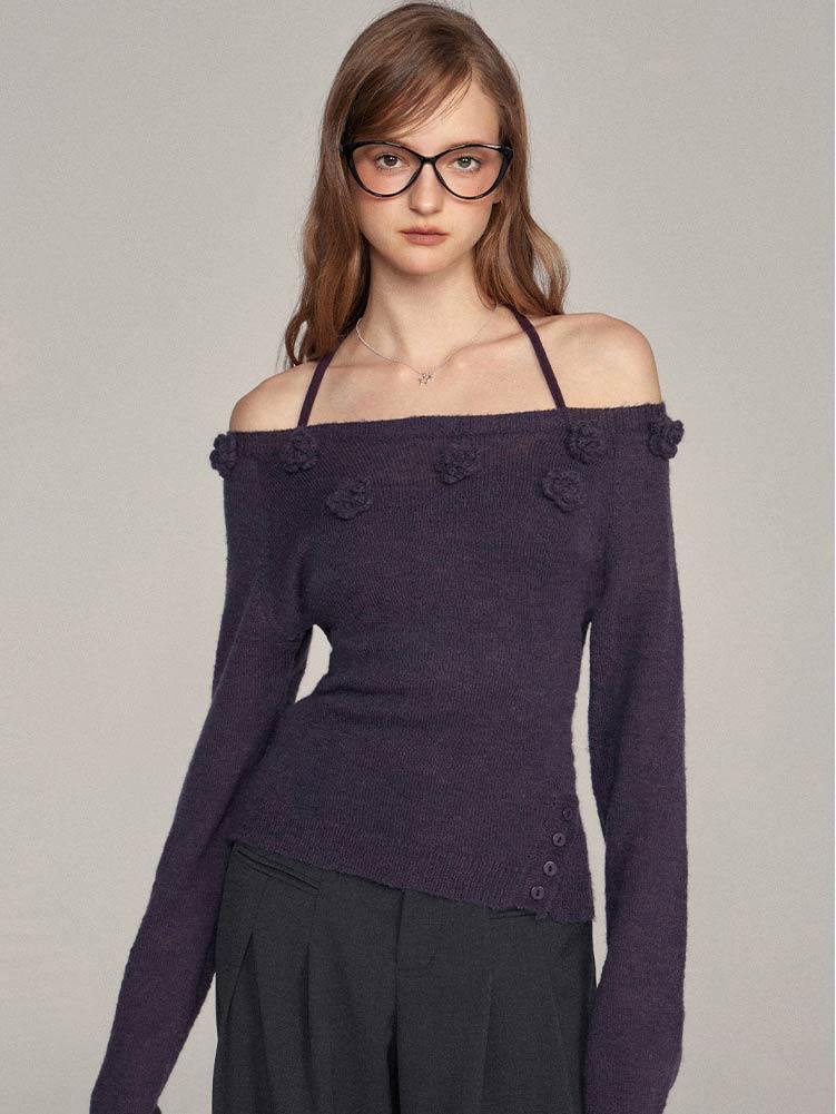 튜스 [MESS STUDIO] Halter-Neck Flower Side Button Knit - 위시버킷