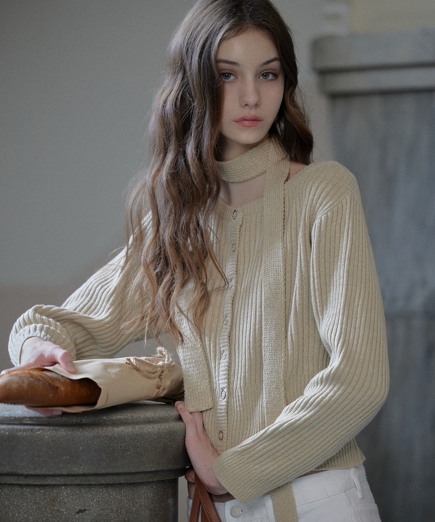 레터프롬문 [Scarf Set] Sonnet Boat-neck Wool Cardigan ( Beige ) - 위시버킷
