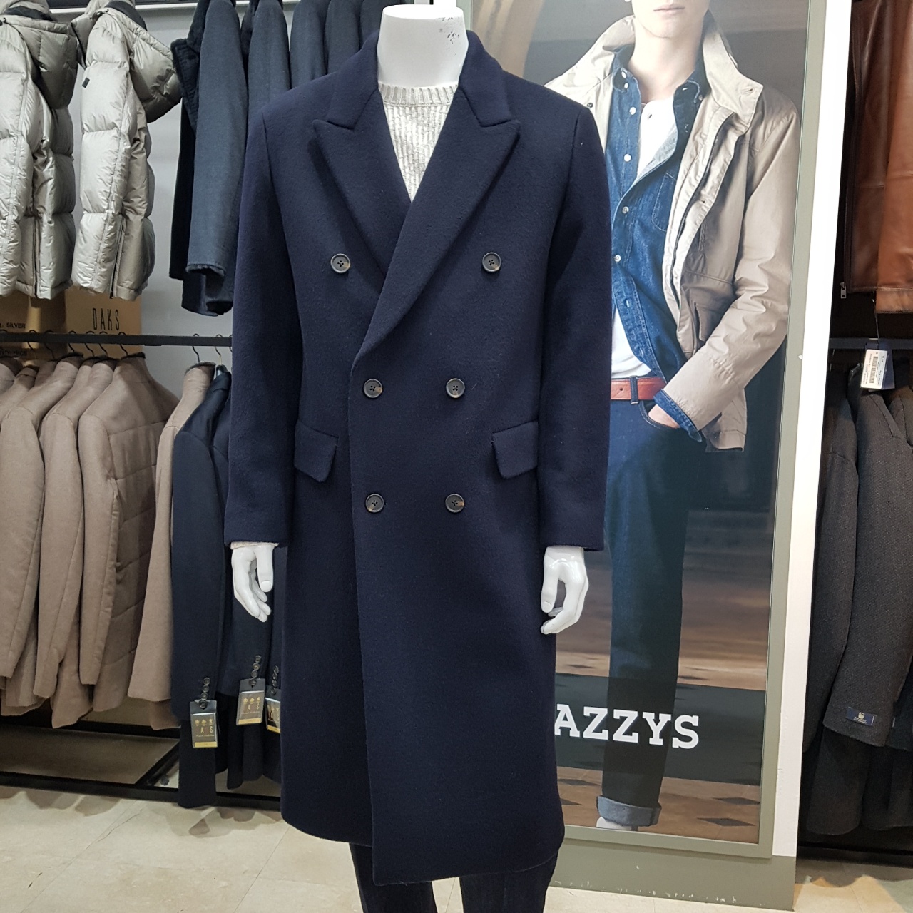 티엔지티 TNGT [TNGT] 네이비 울캐시혼방 피크드칼라 더블롱코트 TGCO9D205 N3 - 위시버킷