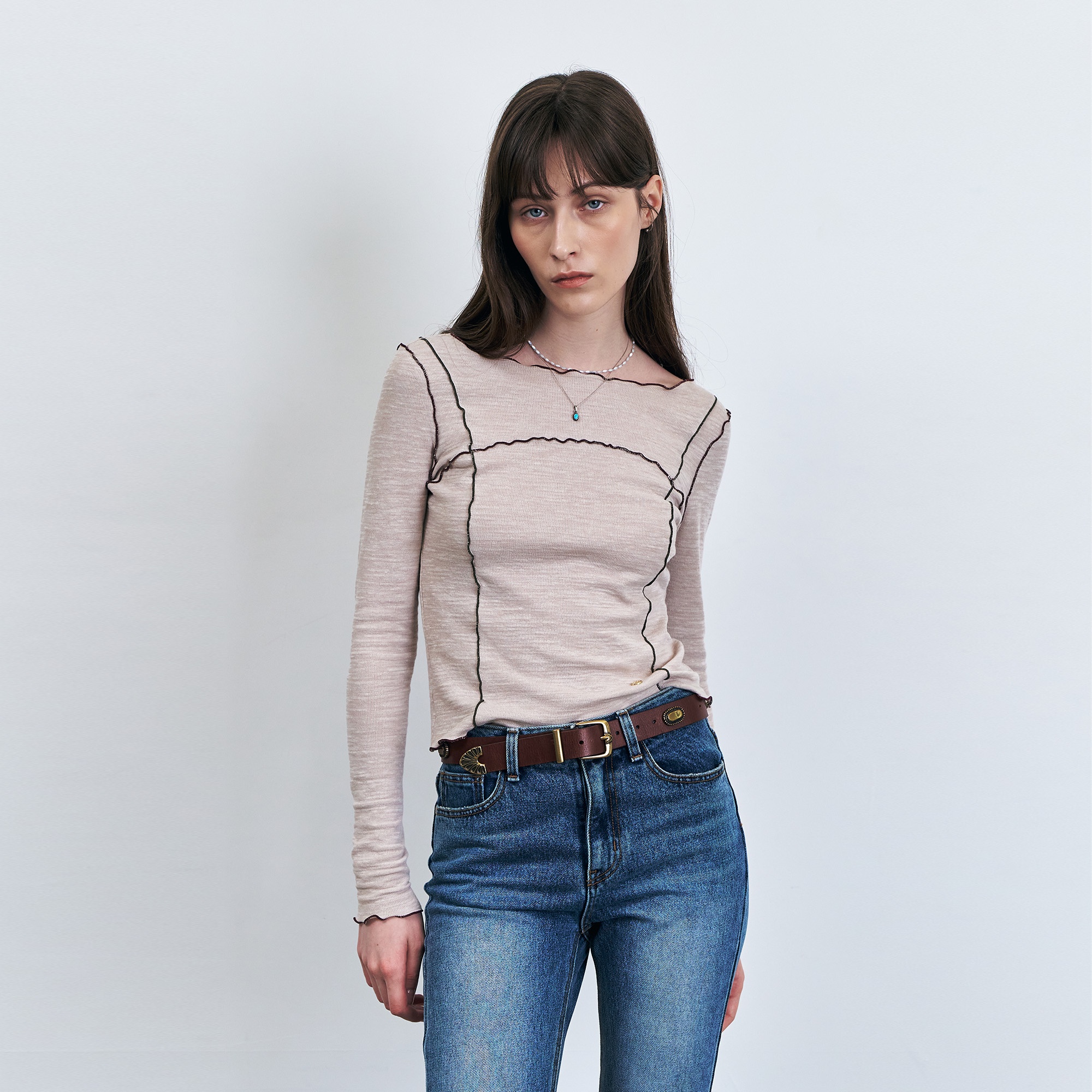 쿠메 Interlock Fitted Long Sleeves Top, Light beige - 위시버킷
