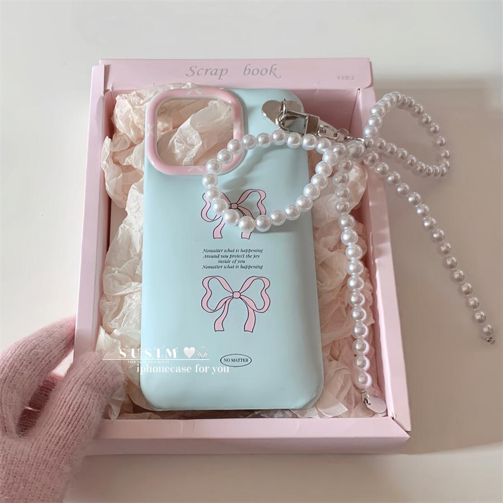 수심 수심 Mint Ribbon Case 민트 리본 케이스 아이폰 비즈 진주 키링 패딩 - 위시버킷