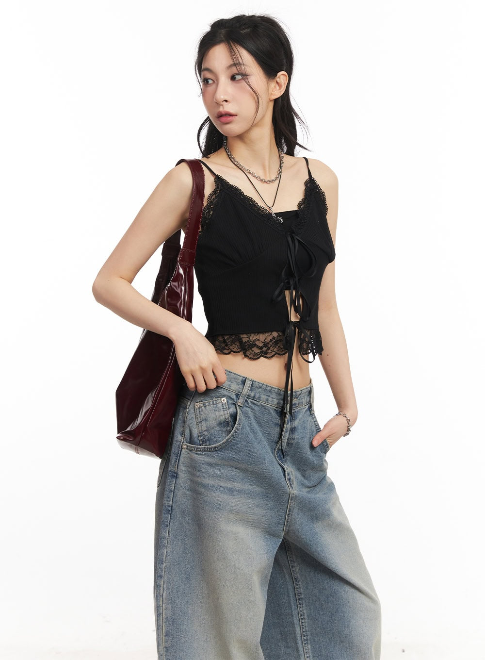 CC Sweetheart Lace Ribbon Cami Top CA514 - Black / S/M - 위시버킷