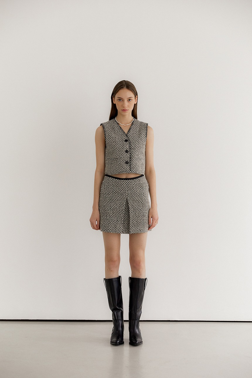 모센틱 Checker tweed crop vest_Black - 위시버킷