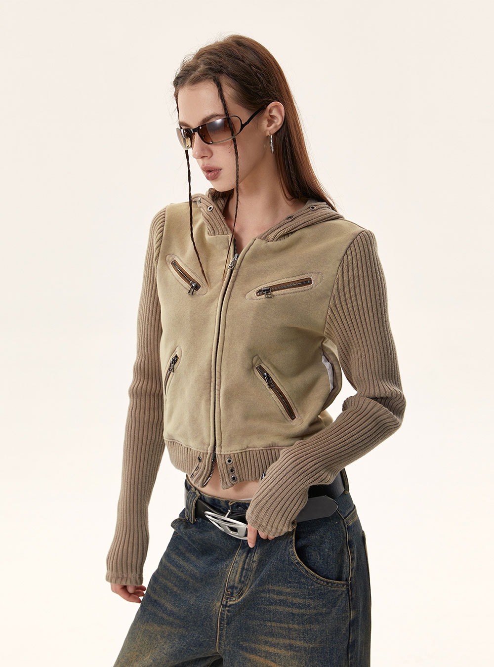 지쿠 JIKOO [JIKOO] Hooded splicing ribbed jacket - 위시버킷