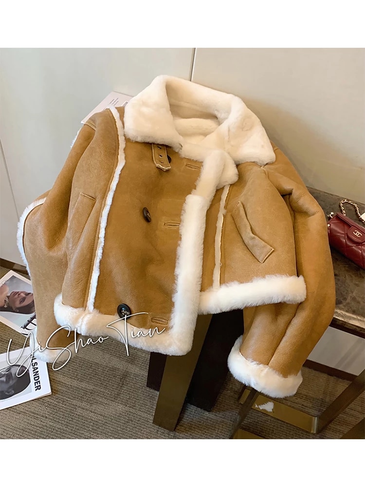 2022 Winter Lambs Wool Cropped Jacket Women Thick Long Sleeve Sheepskin ...
