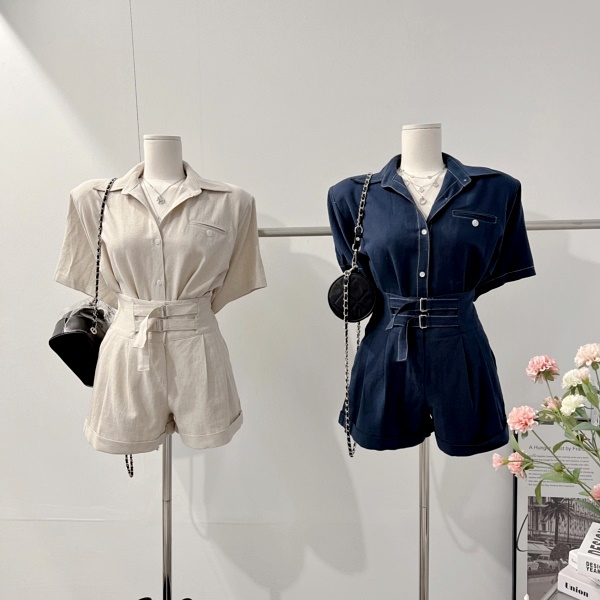 이프유마인 셔츠반바지set페미닌 여름 베이비 린넨 스티치 오버핏 반팔 셔츠 블라우스 벨트 버클 밴딩 와이드 슬랙스 반바지 숏팬츠 투피스 세트 2color 위시버킷
