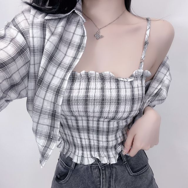 원트 [1+1할인][나시+남방SET/2col] 체크 패턴 무늬 스모크 밴딩 프릴 스판 크롭 CROP 길이조절 끈 나시 반팔 카라 단추 밴딩 셔츠 남방 블라우스 세트 ...