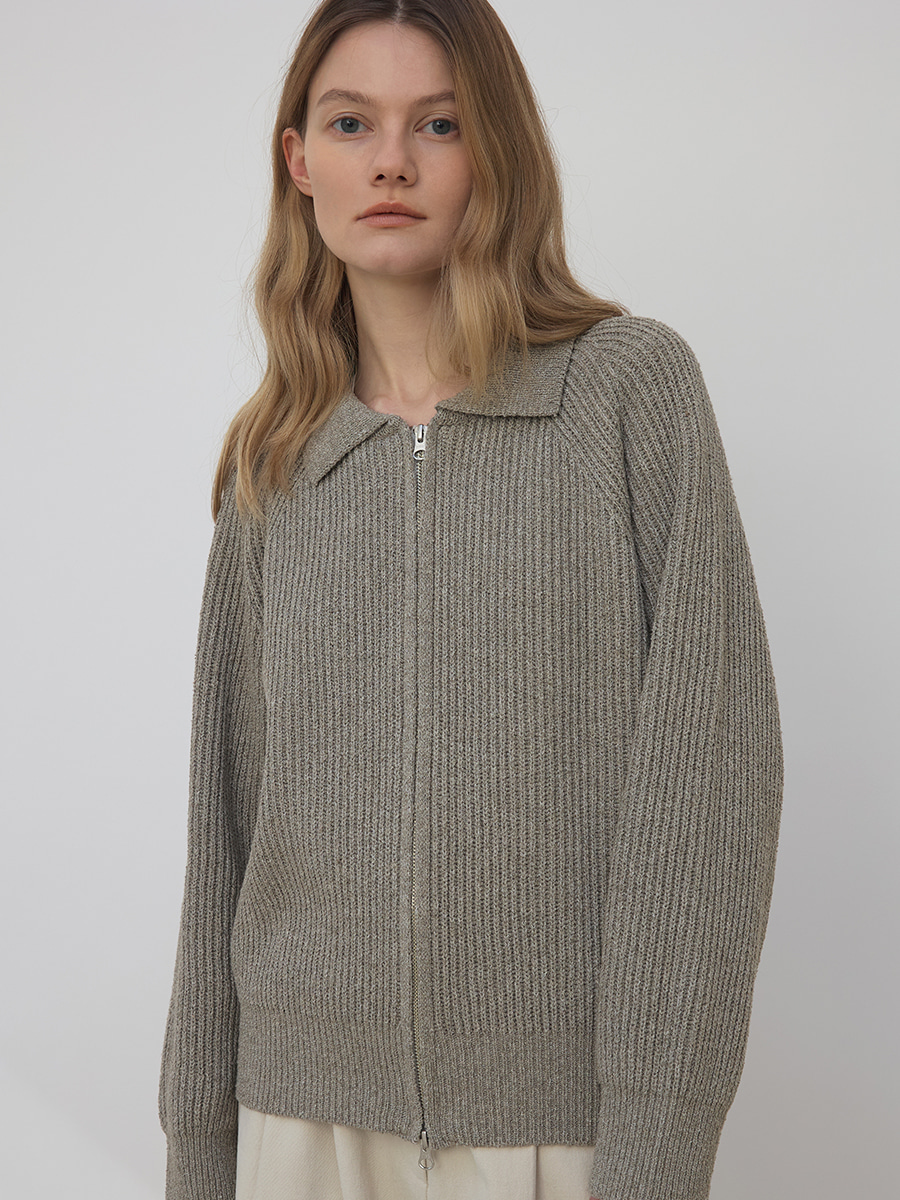 니틀리 [WOMAN] RIBBED ZIP-UP COLLAR CARDIGAN_Light Khaki - 위시버킷