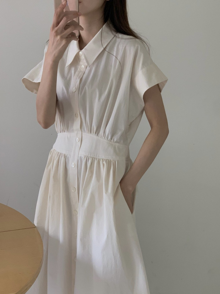 진심 jinsim 진심 아티아 원피스 코튼 반팔 카라 셔링 롱 셔츠 ops (2col) - 위시버킷