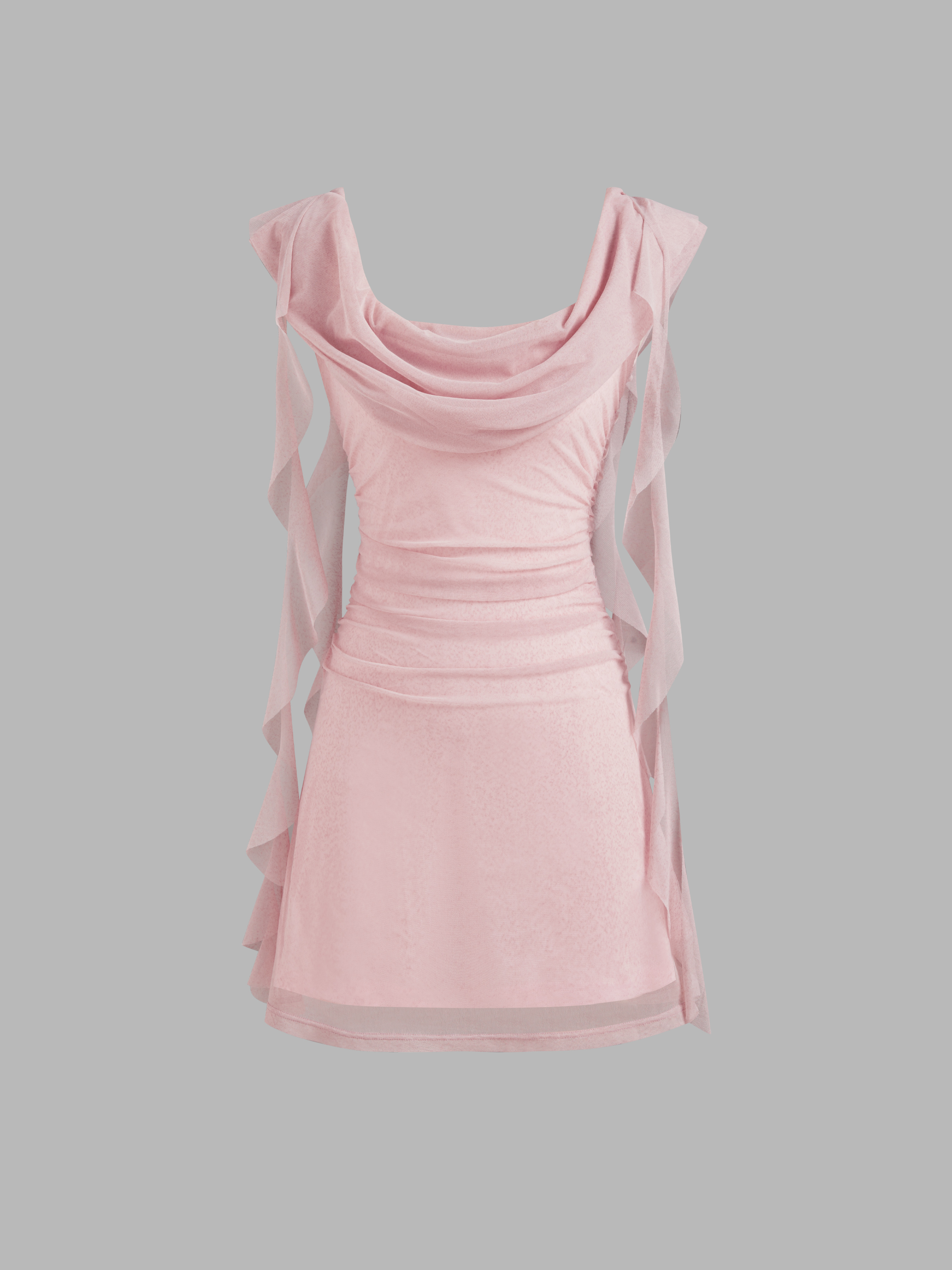 사이다 CIDER Mesh Cowl Neck Solid Ruffle Hem Ruched Mini Dress - 위시버킷