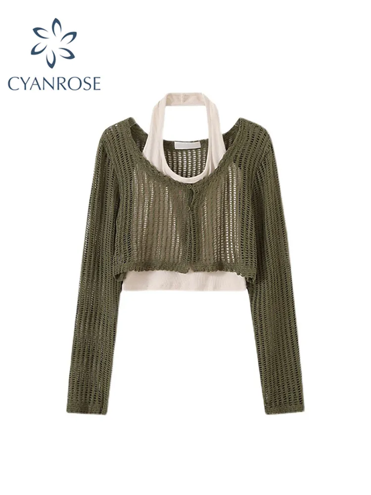 2022 패션 여성 홀터 오프 숄더 크롭 탑 한국 V넥 Y2k 탑스 할로우 아웃 긴팔 니트 탑스 코트 2 피스 의류 V넥 롱슬리브 위시버킷