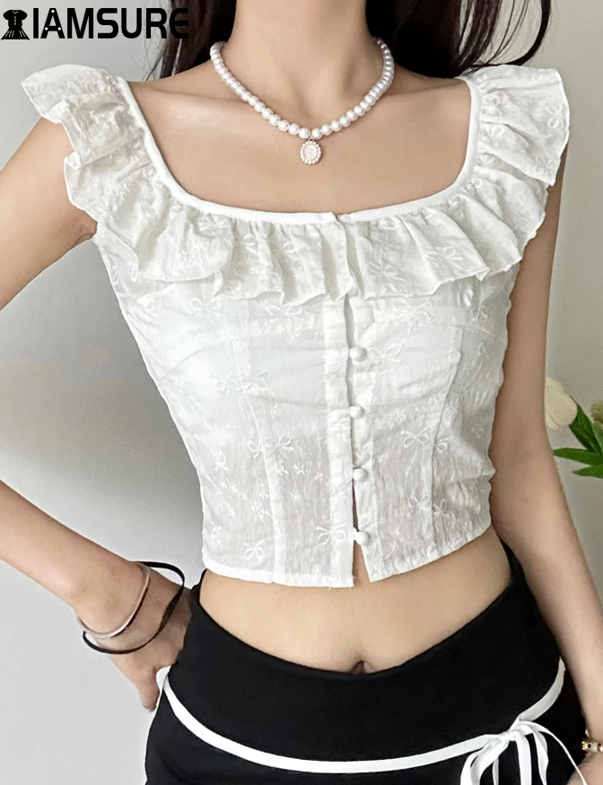 Iamsure Iamsure 여성용 캐주얼 스위트 러플 크롭탑 슬림 슬래시 넥 민소매 탱크탑 프랑스 스타일 2024 여름 패션 스트리트웨어 위시버킷