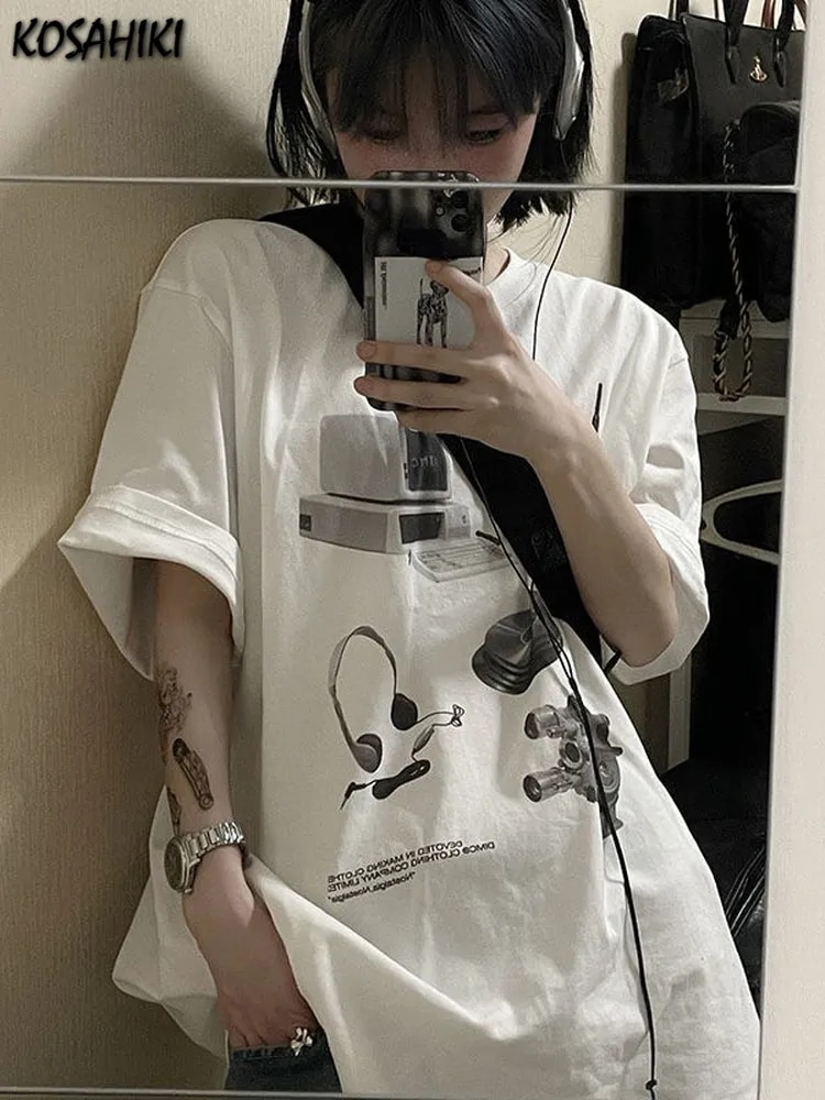 여성용 빈티지 프린트 코튼 티셔츠 캐주얼 기본 상의 하라주쿠 스트리트웨어 그래픽 티셔츠 그런지 Y2k 미적 티 여름 위시버킷
