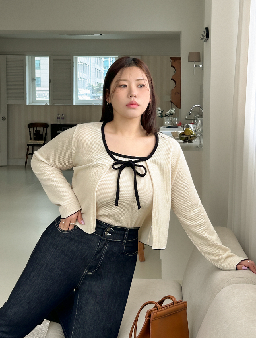 이블렛 [EVELLET]벨티브 리본 배색 나시 가디건 SET - 위시버킷