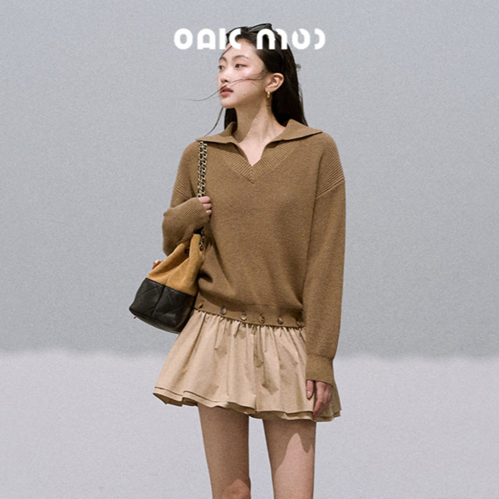 오아크무 OAKMOO 원피스 탈부착 숏스커트 니트 미니 원피스 (브라운) - 위시버킷