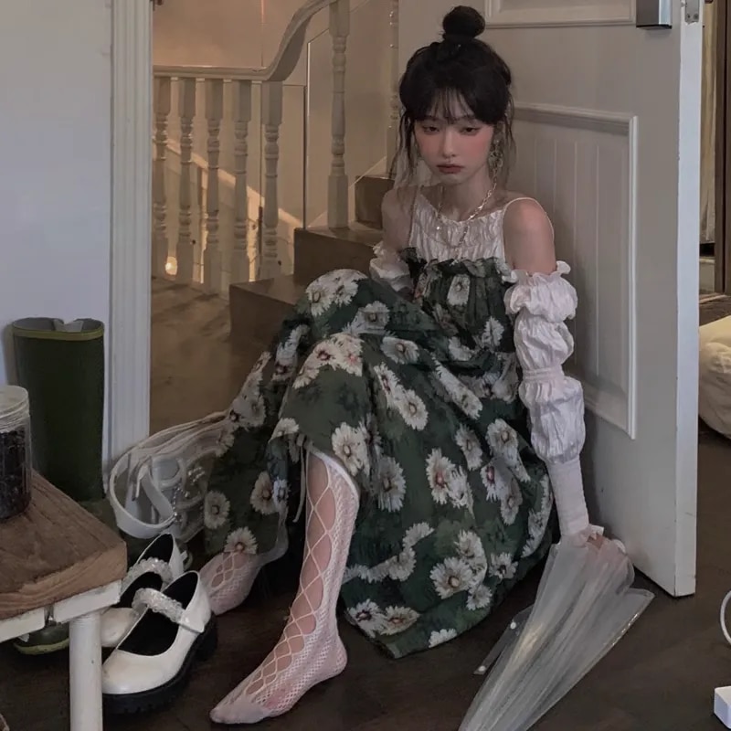 Deeptown Deeptown Y2k 여성용 빈티지 그린 플로럴 드레스 프렌치 우아한 오프 숄더 원피스 긴 퍼프 슬리브 미디 슬립 여름 드레스 위시버킷